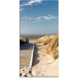 Glasbild Artland "Nordseestrand auf Langeoog - Steg" Bilder Gr. B/H: 50 cm x 100 cm, Strand, 1 St., beige (naturfarben) Glasbilder