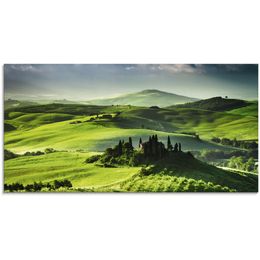 Glasbild Artland "Sonnenaufgang über einer Olivenfarm" Bilder Gr. B/H: 100 cm x 50 cm, Felder, 1 St., grün Glasbilder