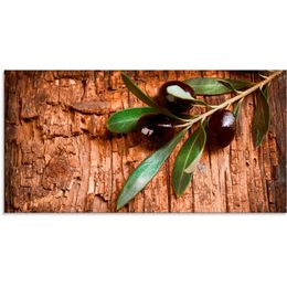 Glasbild Artland "Oliven vor einem Holzhintergrund" Bilder Gr. B/H: 100 cm x 50 cm, Speisen, 1 St., braun Glasbilder