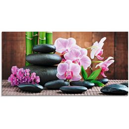 Glasbild Artland "Spa Konzept Zen Steinen Orchideen" Bilder Gr. B/H: 100 cm x 50 cm, Zen, 1 St., pink Glasbilder