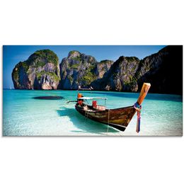 Glasbild Artland "Maya Bay, Koh Phi Leh, Thailand" Bilder Gr. B/H: 100 cm x 50 cm, Boote & Schiffe, 1 St., blau Glasbilder