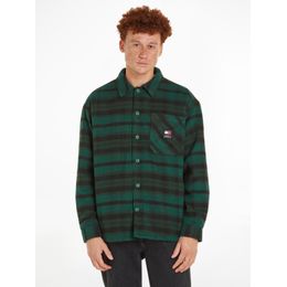 Fleecehemd Tommy Jeans "TJM FLEECE LINED CHECK SHIRT EXT" Gr. L, N-Gr, grün (court green check) Herren Hemden Kurzarm mit Streifenmuster