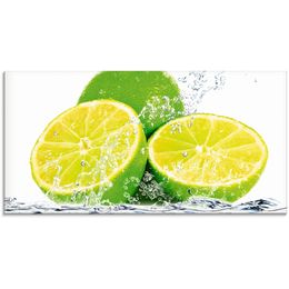 Glasbild Artland "Limette mit Spritzwasser" Bilder Gr. B/H: 100 cm x 50 cm, Lebensmittel, 1 St., gelb Glasbilder