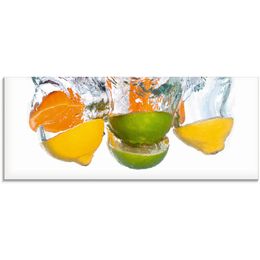 Glasbild Artland "Zitrusfrüchte fallen in klares Wasser" Bilder Gr. B/H: 125 cm x 50 cm, Lebensmittel, 1 St., bunt Glasbilder