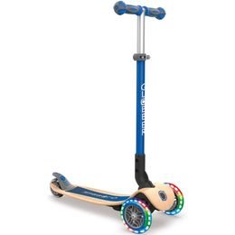 Dreiradscooter Globber "PRIMO FOLDABLE WOOD LIGHTS, mit Leuchtrollen und Holzdeck" Scooter blau Scooter