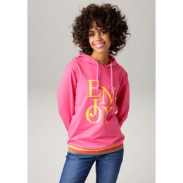 Sweatshirt Aniston CASUAL Gr. 36, pink (pink, gelb, moosgrün) Damen Sweatshirts mit "ENJOY"-Schriftzug