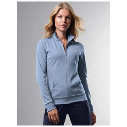 Sweatjacke TRIGEMA "TRIGEMA Jacke mit Kristallsteinen" Gr. L, blau (pearl, blue) Damen Sweatjacken