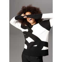 Strickpullover Aniston SELECTED Gr. 42, schwarz-weiß (schwarz, weiß) Damen Pullover Feinstrickpullover