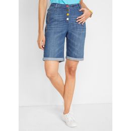 bonprix Jeans Bermuda Mid Waist mit Stickerei und Bequembund, blau, mit Baumwolle