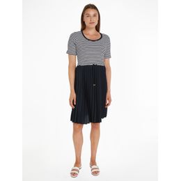 Midikleid Tommy Hilfiger "5x2 RIB CNK PLEATED KNEE DRS SS" Gr. L (40), N-Gr, blau (desert sky, white) Damen Kleider Freizeitkleider