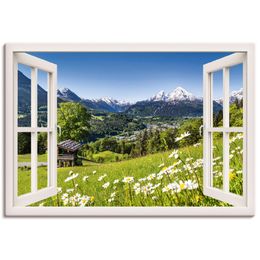Wandbild Artland "Fensterblick Bayerischen Alpen" Bilder Gr. B/H: 130 cm x 90 cm, Leinwandbild Berge Querformat, 1 St., weiß Kunstdrucke
