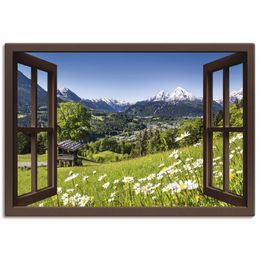 Wandbild Artland "Fensterblick Bayerischen Alpen" Bilder Gr. B/H: 130 cm x 90 cm, Leinwandbild Berge Querformat, 1 St., braun Kunstdrucke