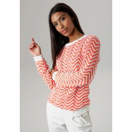 Strickpullover Aniston SELECTED Gr. 38, bunt (weiß, pink, orange) Damen Pullover Ajourpullover