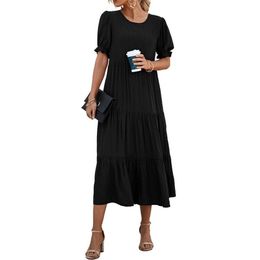 Orient Phoenix Sommerkleid Damen Freizeit Strandkleid Bohème Kleid Cocktailkleid Partykleid Hohe Taille Rundhals Midikleid kurze Ärmel Faltenrock Rüschen