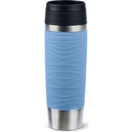 Emsa Thermobecher Travel Mug Classic Wave, Edelstahl, Kunststoff, Silikon, 4h heiß, 8h kalt, 100% dicht, spülmaschinenfest, 360°-Trinköffnung, blau