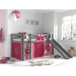 Vipack - Spielbett Pino mit Rutsche und Textilset "Pink Flower", Ausf. Kiefer massiv grau lackiert