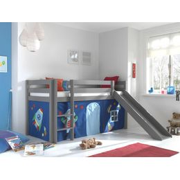 Vipack - Spielbett Pino inkl. Rutsche mit Textilset Vorhang "Astro", Ausf. Kiefer massiv grau lackie