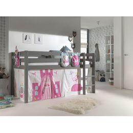 Vipack - Spielbett Pino mit Textilset Vorhang und 3 Taschen "Princes", Ausf. Kiefer massiv grau lack