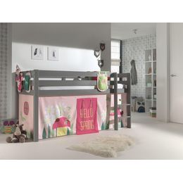 Vipack - Spielbett Pino mit Textilset Vorhang und 3 Taschen "Spring", Ausf. Kiefer massiv grau lacki