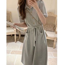 AFAZ New Trading UG Sommerkleid Mittellanges grau Lazy-Style-Taillen-Revers-kleid für Damen