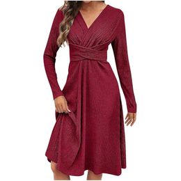 KIKI Blusenkleid Kleid Damen Elegant Frauen Vintage Einfarbig V Ausschnitt Langarm