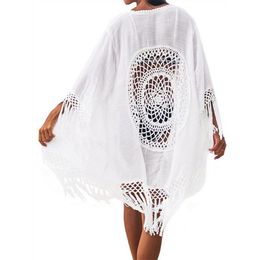 AFAZ New Trading UG Strandkleid Damen Bikini Cover Up Beachwear Kimono Quaste Häkeleinsätzen Lang Strandponcho Badeanzug Cover Ups Cardigan