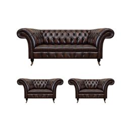 JVmoebel Wohnzimmer-Set Luxus Braun Leder Sofa Set Wohnzimmer 2x Sessel Dreisitzer Couch