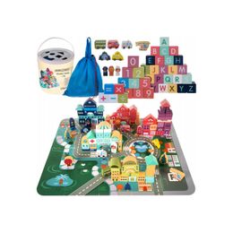 KRUZZEL Spielbauklötze Holzklötze Stadt Autos 100 Blöcke Puzzle mit Puzzlematte Lernspiel