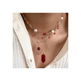 KIKI Charm-Ketten-Set Retro-Halskette leichtem rotem Achat-Anhänger für Damen im Bohème-Stil
