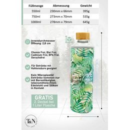 TRENDY AND NEW Trinkflasche T&N Glasflasche TROPICAL LEAVES EDITION 550ml 750ml 1 Liter