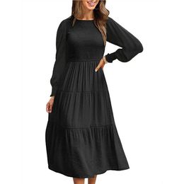 AFAZ New Trading UG Abendkleid Damen Lange Kleid Rundhals Langarm Maxikleid Elegant HoheTaille Freizeitkleid