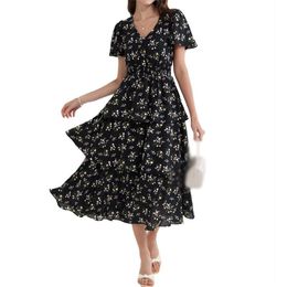 AFAZ New Trading UG Maxikleid Damen Sommer V-Ausschnitt Kurzarm Blumenkleid Casual Strand Maxi Kleid Elegant A-Linie Freizeitkleid Urlaubskleid Hochzeit