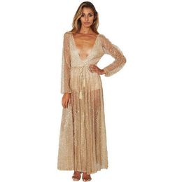 ZWY Abendkleid Damen Sexy V-Ausschnitt Partykleid Langärmeliges Kleid Maxikleid