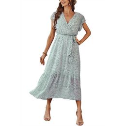 AFAZ New Trading UG Sommerkleid Kleid Damen Sommer Elegant V-Ausschnitt Kurzarm Lang Sommerkleid