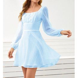AFAZ New Trading UG Spitzenkleid Damen Vintage Swiss Dots A-Linien-Kleid Langärmelig Quadratischer Ausschnitt Gesmokter Rücken Partykleid