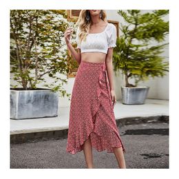 AFAZ New Trading UG Sommerkleid Damen Midirock Elegante Blumen Polka Dot Lang Rock Elastische (Sommerrock Plisseerock Strandrock mit Taschen) Modischer Rockanzug mit quadratischem Ausschnitt bedrucktem Midirock