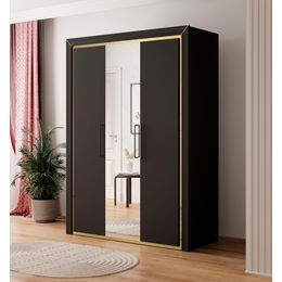 Drehtürenschrank LEONIQUE "Arno" Schränke Gr. B/H/T: 155 cm x 214 cm x 61 cm, schwarz/schwarz-golden Spiegelfoil, 3 St., schwarz (schwarz, schwarz) Drehtürenschränke