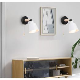 2x Metall Hölzern Wandleuchte, E27 Wandlampe + 1,8M Steckdose, Nordisch Moderne Leuchte in Macaron-Farbe für Schlafzimmer Wohnzimmer Café Mattweiß