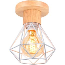 Deckenlampe, Ø16cm Deckenleuchte im Industrial Design, Eisen Diamant Lampe mit Käfig für Wohnzimmer Schlafzimmer Weiß + Holzfarbe 1PCS