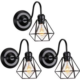 Wandleuchte Vintage, Mini Diamant Form Wamp Lampe im Industri Design, Decor Lampe mit Käfig für Wohnzimmer Esszimmer Schwarz 3PCS