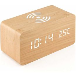 Holzwecker mit kabellosem Qi-Ladepad, kompatibel mit iPhone, Holz-LED-Digitaluhr, Tonsteuerungsfunktion, Datum und Uhrzeit für das Büro – Holz