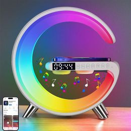 Kabelloses Lautsprecher-Nachtlicht, Nachttischlampe mit Uhr und Ladestation, Atmosphärenlampe, Tischlampe mit Bluetooth Lautsprecher, 230x225x82mm