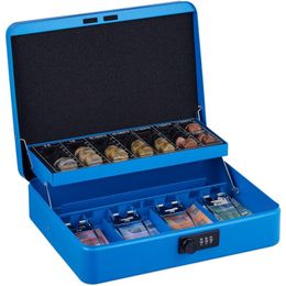 Relaxdays Geldkassette, 3-stellige Zahlenkombination, Münzeinsatz, Geldkasten Eisen, H x B x T: 8,5 x 30,5 x 25 cm, blau