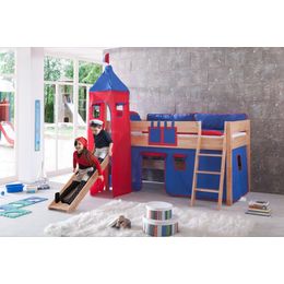 Relita Spielbett KIM 90x200 cm, mit Rutsche und Turm Buche massiv natur lackiert Stoffset blau/rot