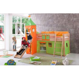 Relita Spielbett KIM 90x200 cm, mit Rutsche, Turm Buche massiv natur lackiert Stoffset grün/orange