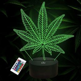 MINKUROW 3D-Nachtlichter, Cannabis-Blatt-Illusionslampe mit Smart Touch 16 Farben Wickeltisch, Schreibtisch, Schlafzimmer, Dekoration, optisches