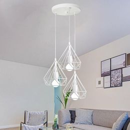 Pendelleuchte 3 Flammig Industri Hängelampe mit Käfig Metall E27 Edison Diamant Lampe für Loft Esszimmer Schlafzimmer Höhenverstellbar (Weiß)