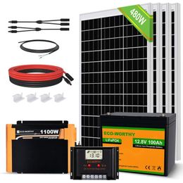 ECO-WORTHY - 2kWh Solaranlage komplettset 480W 12V mit Batterie netzunabhängig für Wohnmobil: 4 Stücke 120W Solarmodul + 60A Laderegler + 1 Stücke