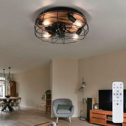 etc-shop Decken Ventilator mit Fernbedienung Deckenlampe Wohnzimmer Lüfter in Holzoptik, Metall schwarz,3 Geschwindigkeiten Timer, Fassungen 4x E27, d 48 cm