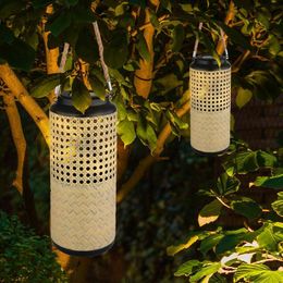 etc-shop Solarleuchte Lampe Bambus Garten Solarlampen Rattan Laterne zum hinstellen und aufhängen, 1x led warmweiß, DxH 12 x 45 cm, 2er Set